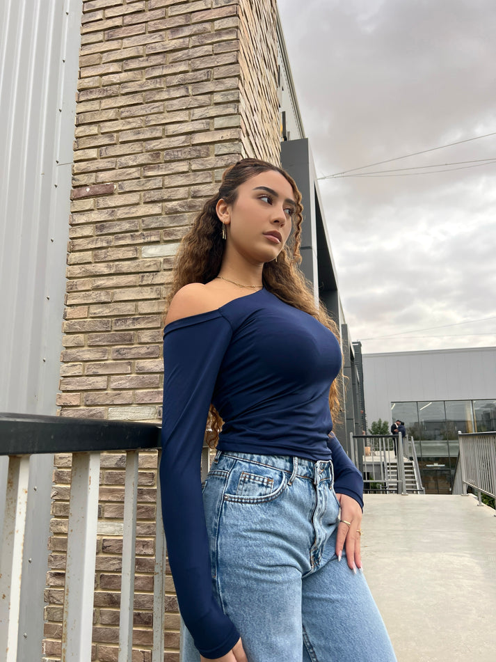 NAVY BLUE ONE-SHOULDER BASIC TOP – Vampd-eg
